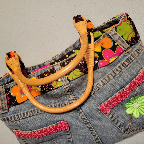 Bags | Handcrafted Denim Hobo Bag Retro Hip Lined Embroidery Flowers ...